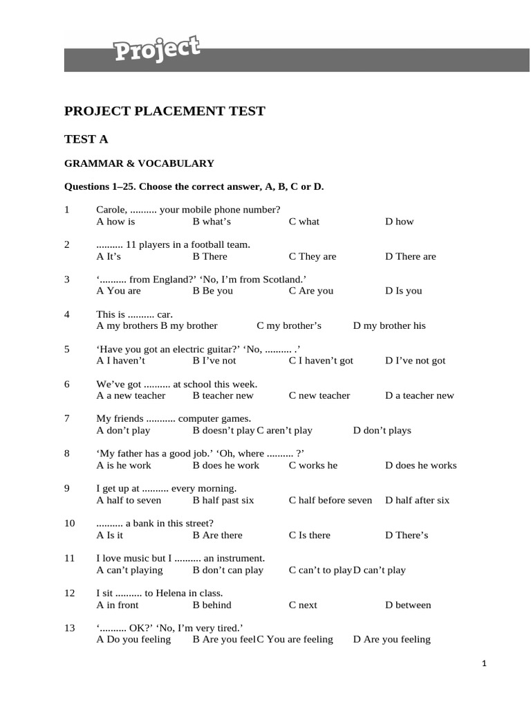 English Placement Test: Grammar & Vocabulary | PDF