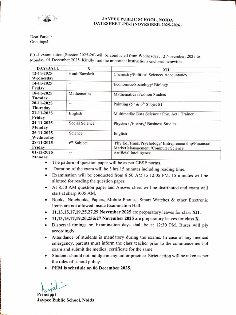 PB-I Exam Schedule November 2025 | PDF | Science