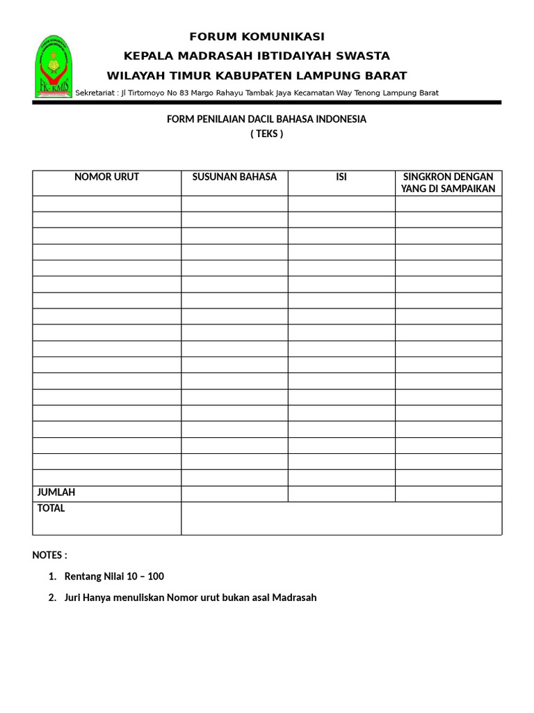 Form Penilaian Dacil Bahasa Indonesia | PDF