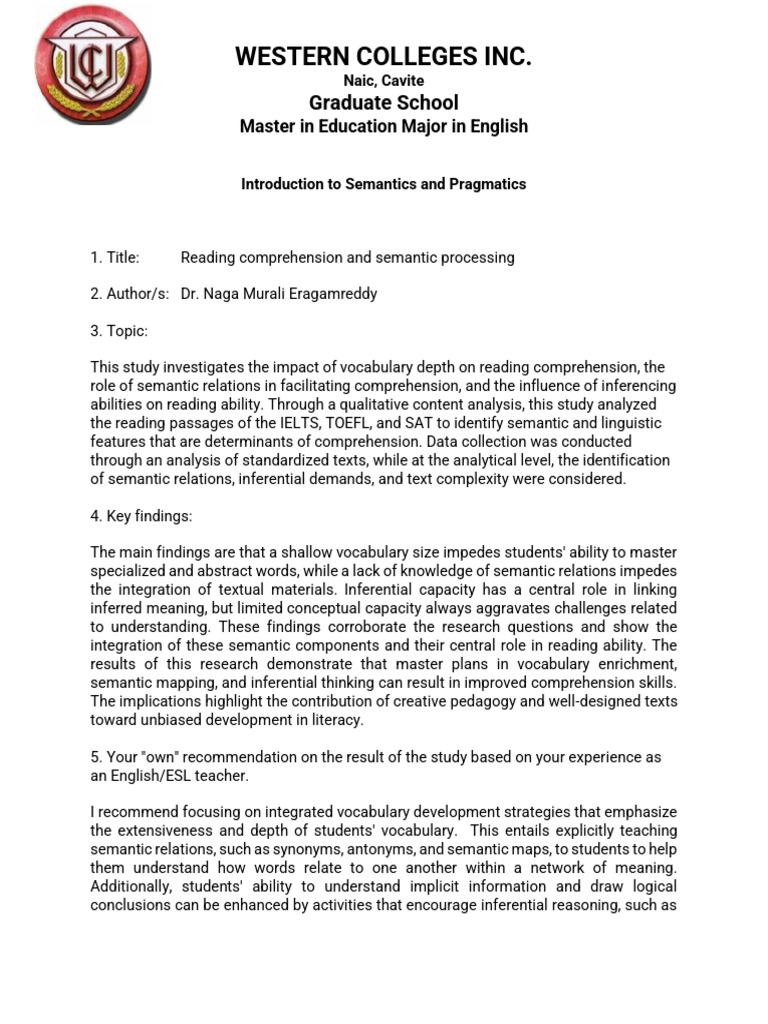 Introduction to Semantics and Pragmatics- Asynchronous Activity 1 (3) | PDF | Reading ...