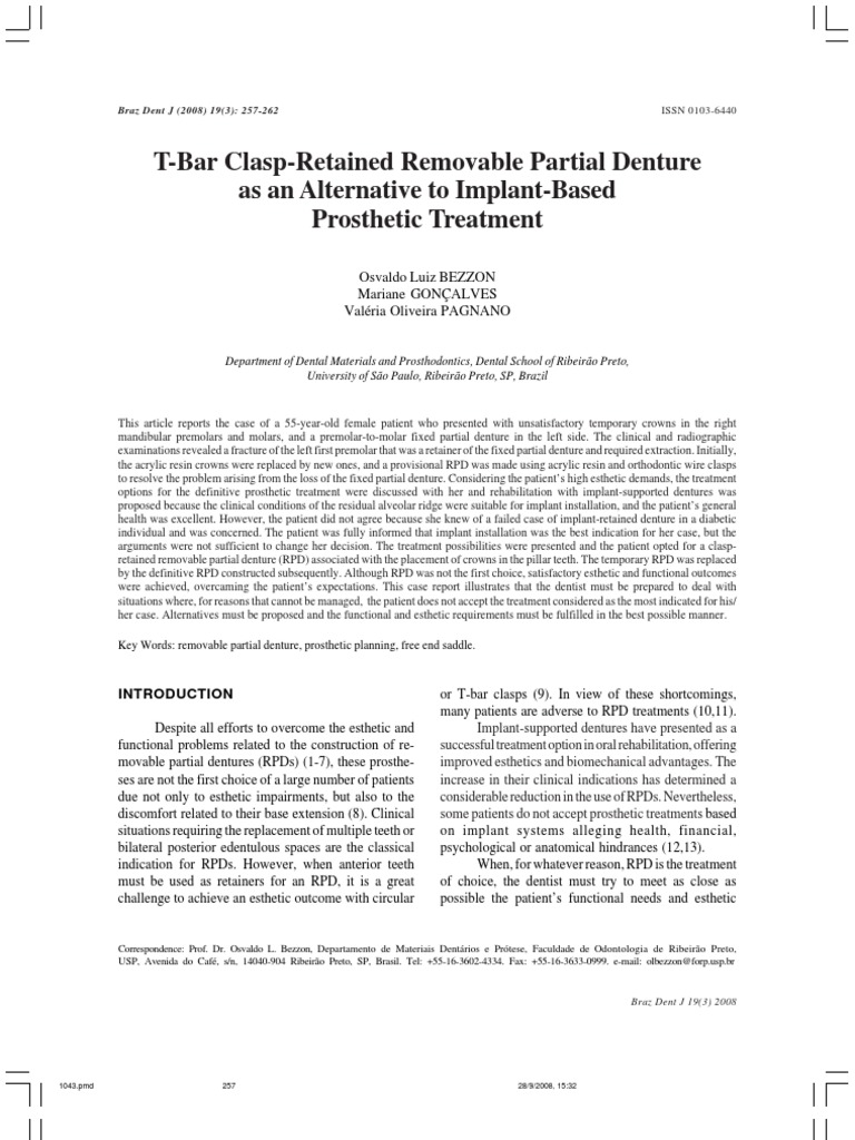 T-Bar Clasp Retained Removable Partial Denture | PDF | Dentures | Dental Implant