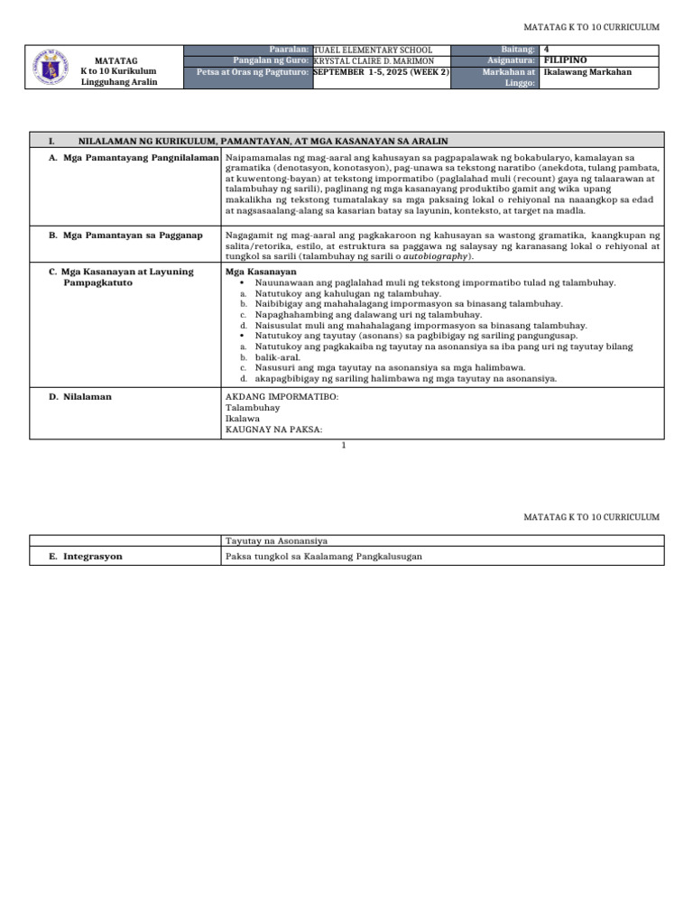 Dll Matatag _filipino 4 q2 w2 | PDF