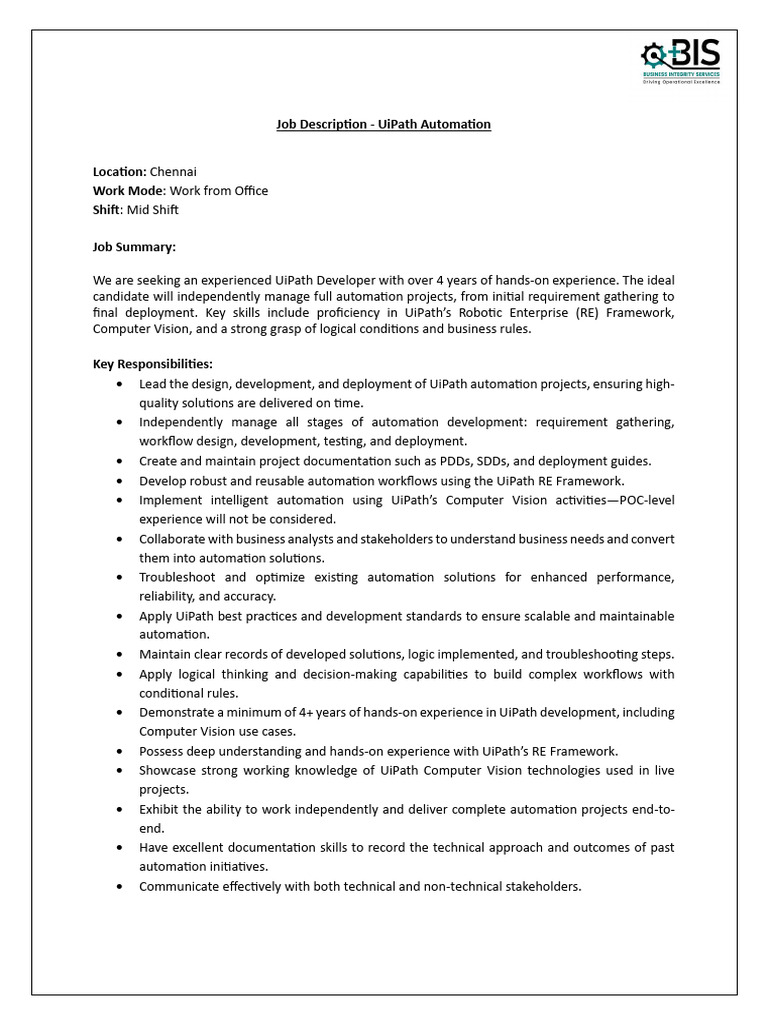 Job Description - UiPath Automation | PDF