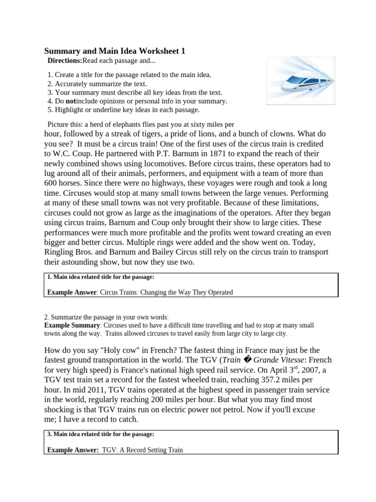 Lesson4 WORKSHEET Summarizing and Main Idea Worksheet 1 ANSWERS | PDF | Circus | Train