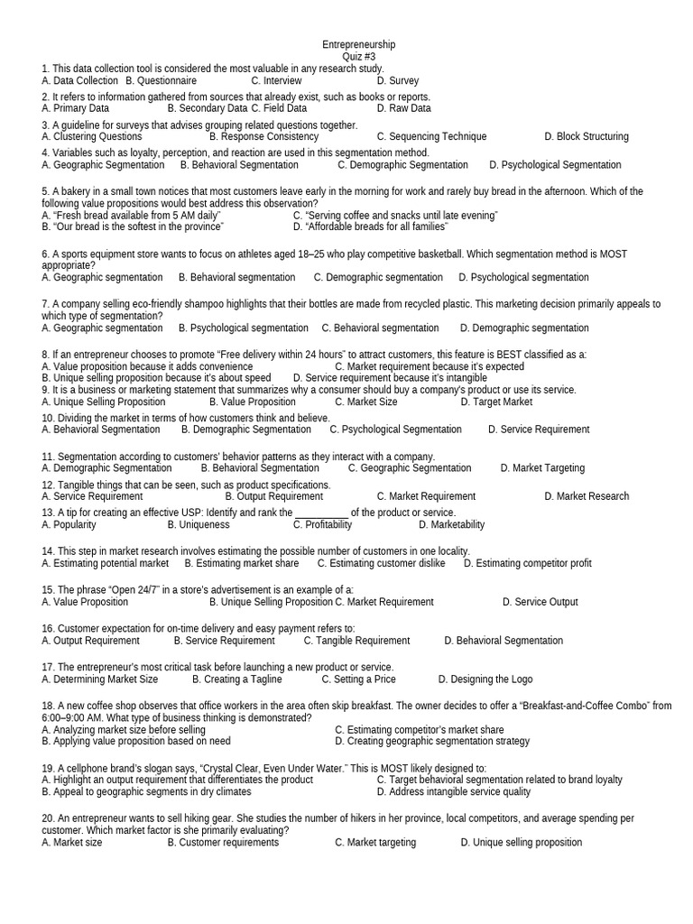 Entrepreneurship Quiz: Market Research Insights | PDF | Market ...