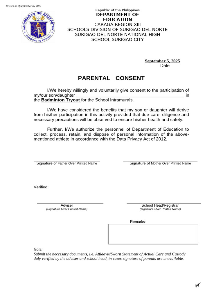 Parental Consent For Badminton Tryout | PDF