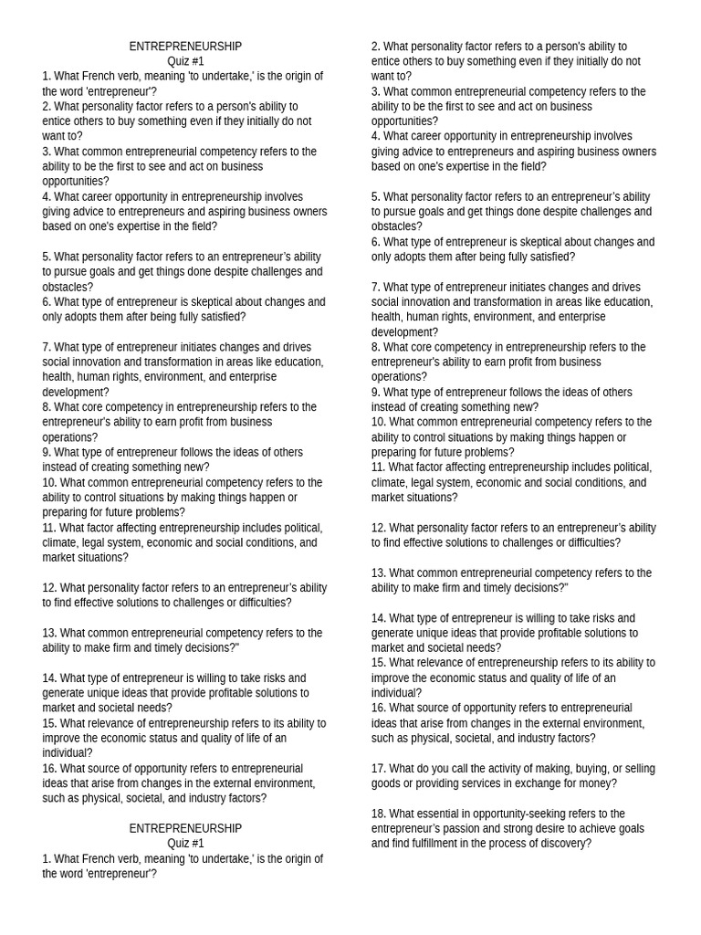 Entrepreneurship Quiz 1 2025 | PDF | Entrepreneurship | Business Economics