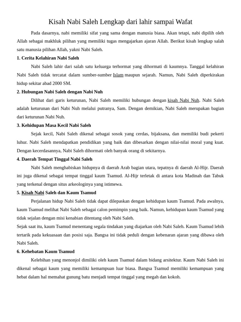 Kisah Nabi Saleh Lengkap Dari Lahir Sampai Wafat | PDF