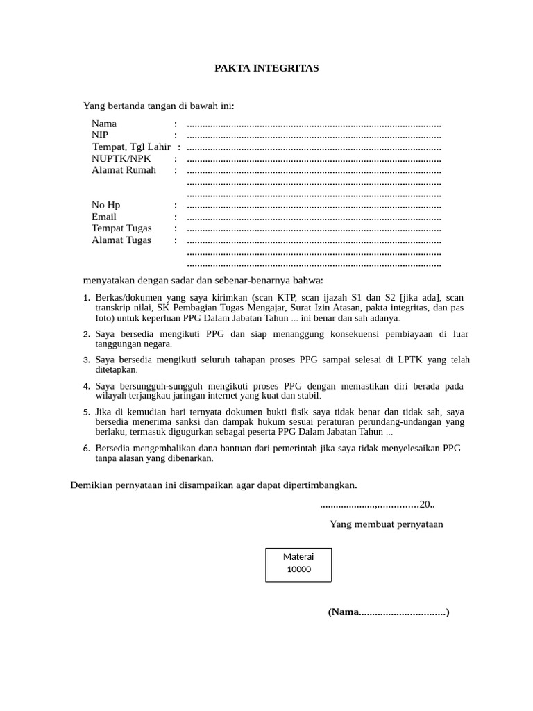 Contoh Format Pakta Integritas (1) | PDF
