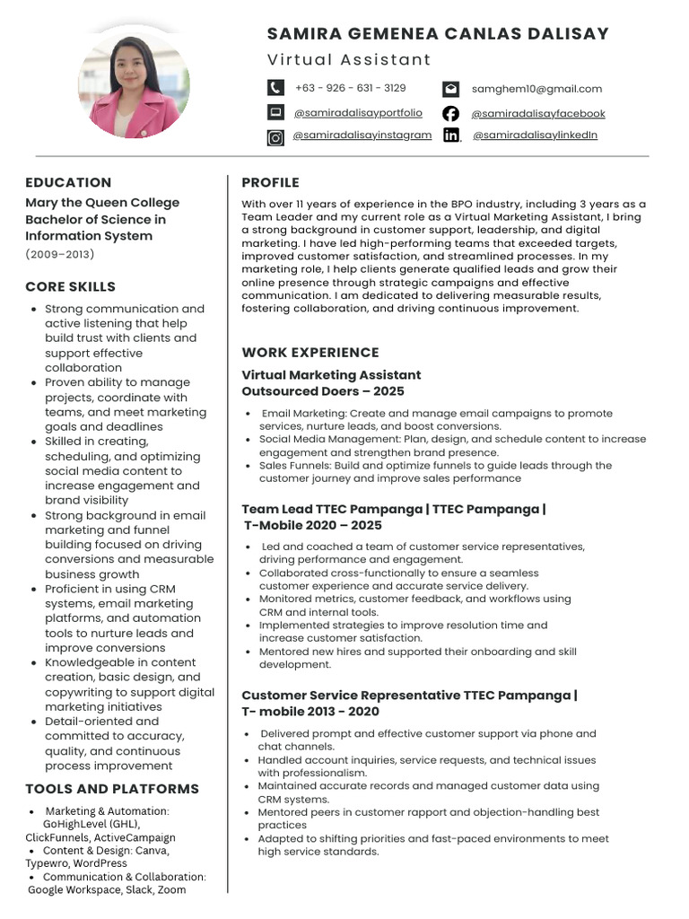 Samira Gemenea Canlas Dalisay - Resume | PDF | Customer Relationship ...