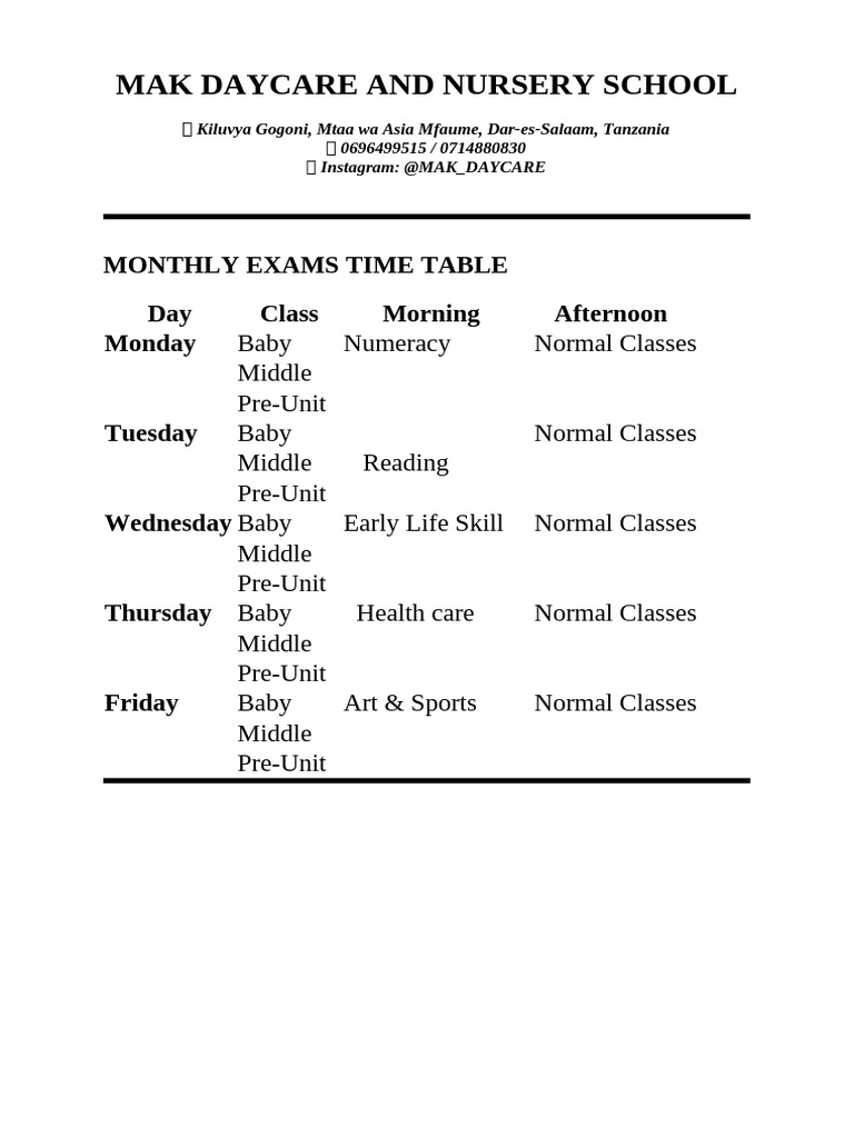 Monthly Exams Time Table | PDF