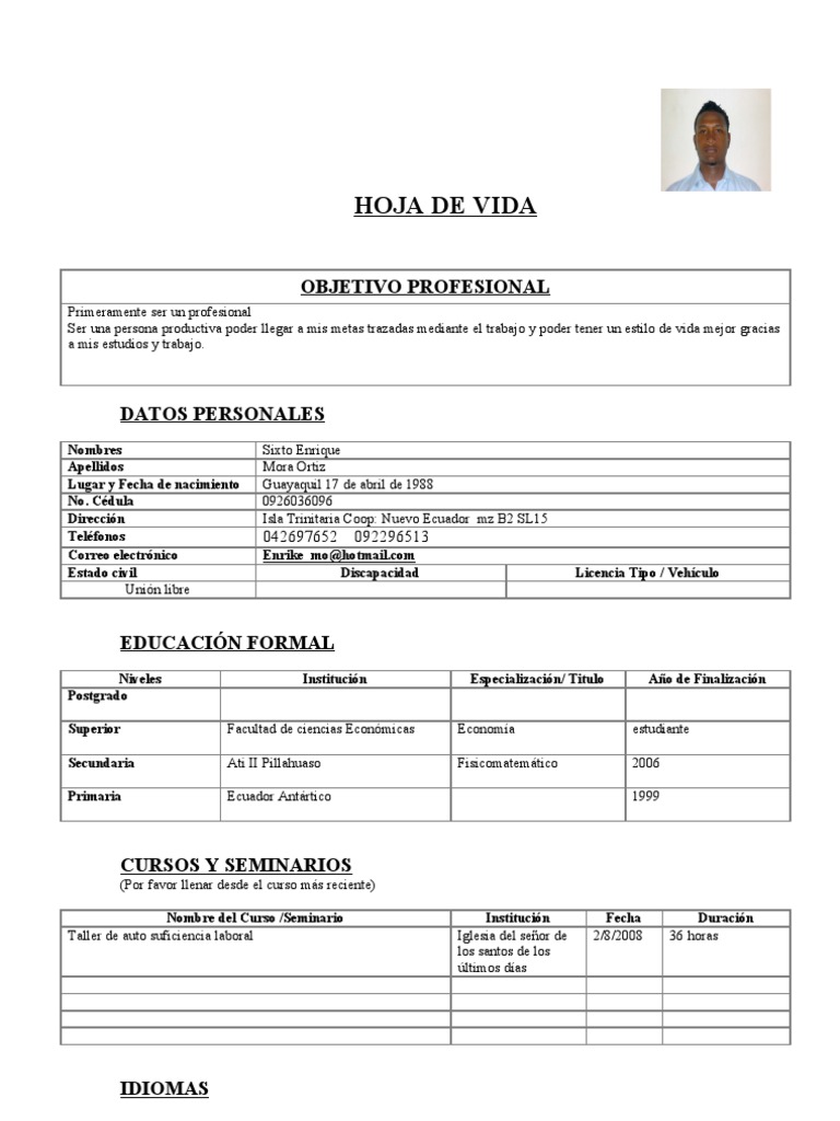 Formato Hoja De Vida Red Socio Empleo Pdf Ecuador Business