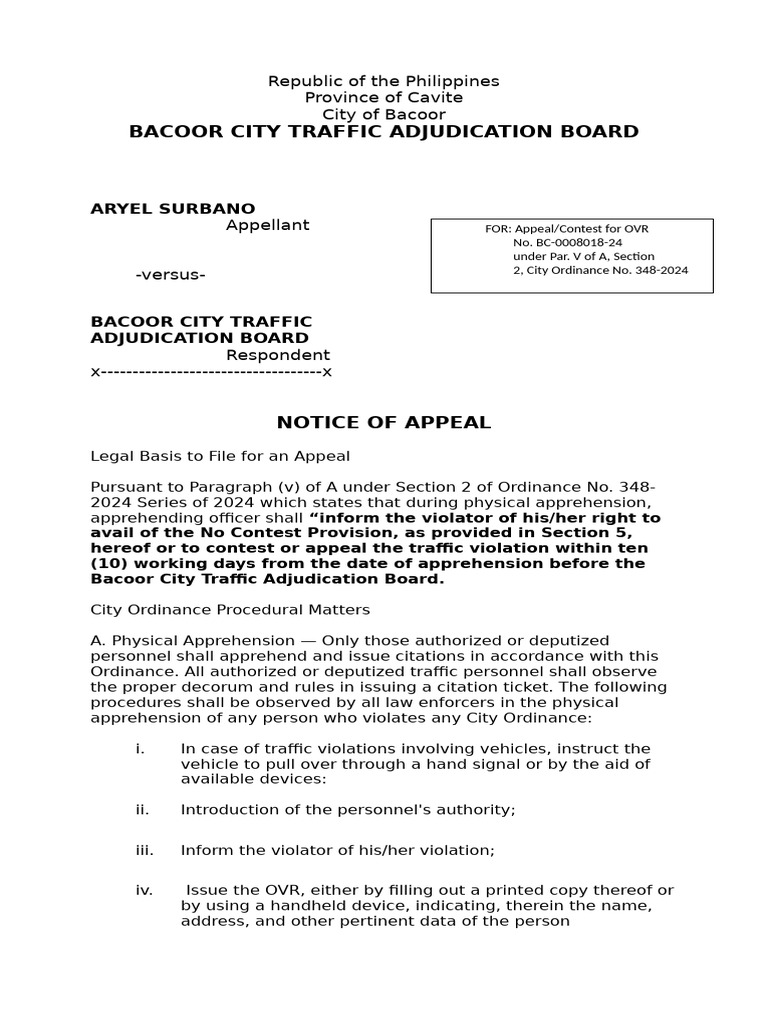 Appeal For Bacoor City Traffic Adjudication Board | PDF | Traffic ...
