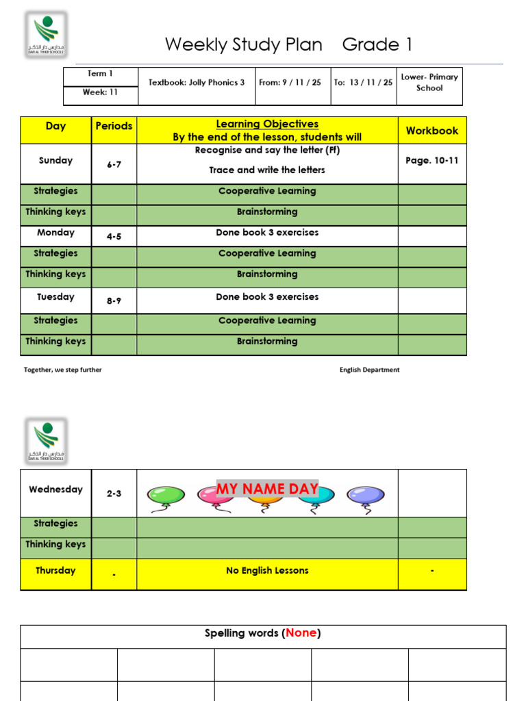 Grade 1 Weekly English Study Plan | PDF | Learning To Read | Learning ...