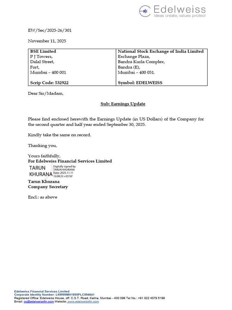 EDELWEISS 11112025131752 2EFSLInvestorPresentationDollar | PDF | Equity ...