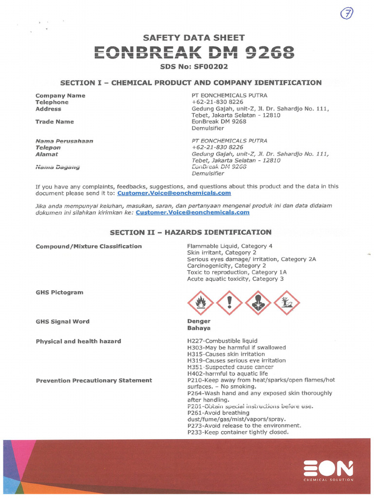 2. Msds Emulsion Breaker - Eon Break Dm 9268 | PDF