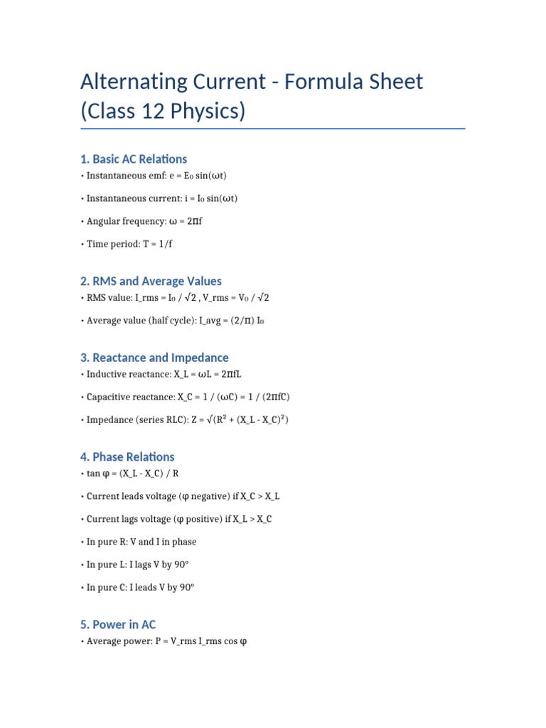 AC Formula Sheet for Physics Class 12 | PDF