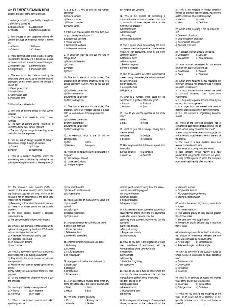 Mesl - 4th Elements Exam | PDF | Force | Rotation
