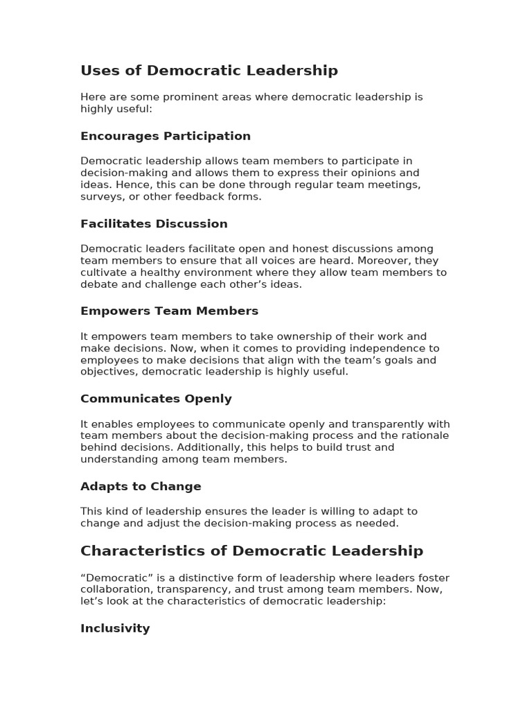 Benefits and Types of Democratic Leadership | PDF | Leadership ...