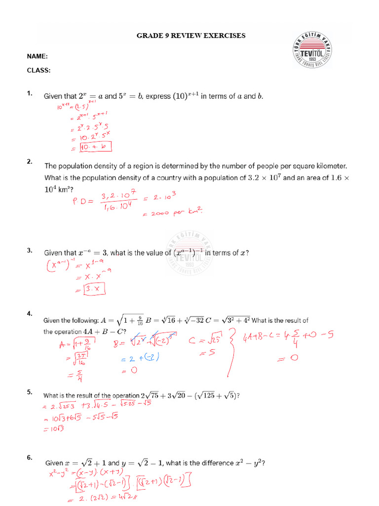 Grade 9 Math Review Exercises 2025-2026 | PDF