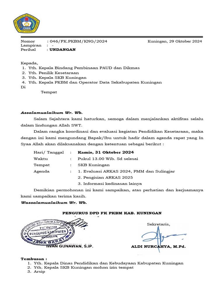 046 Surat Undangan Rapat Forum PKBM Kamis 31 Oktober 2024 | PDF