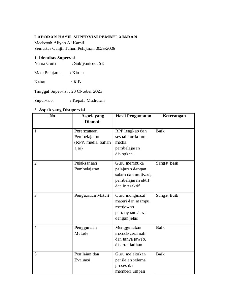 Laporan Supervisi Pembelajaran 2025 | PDF
