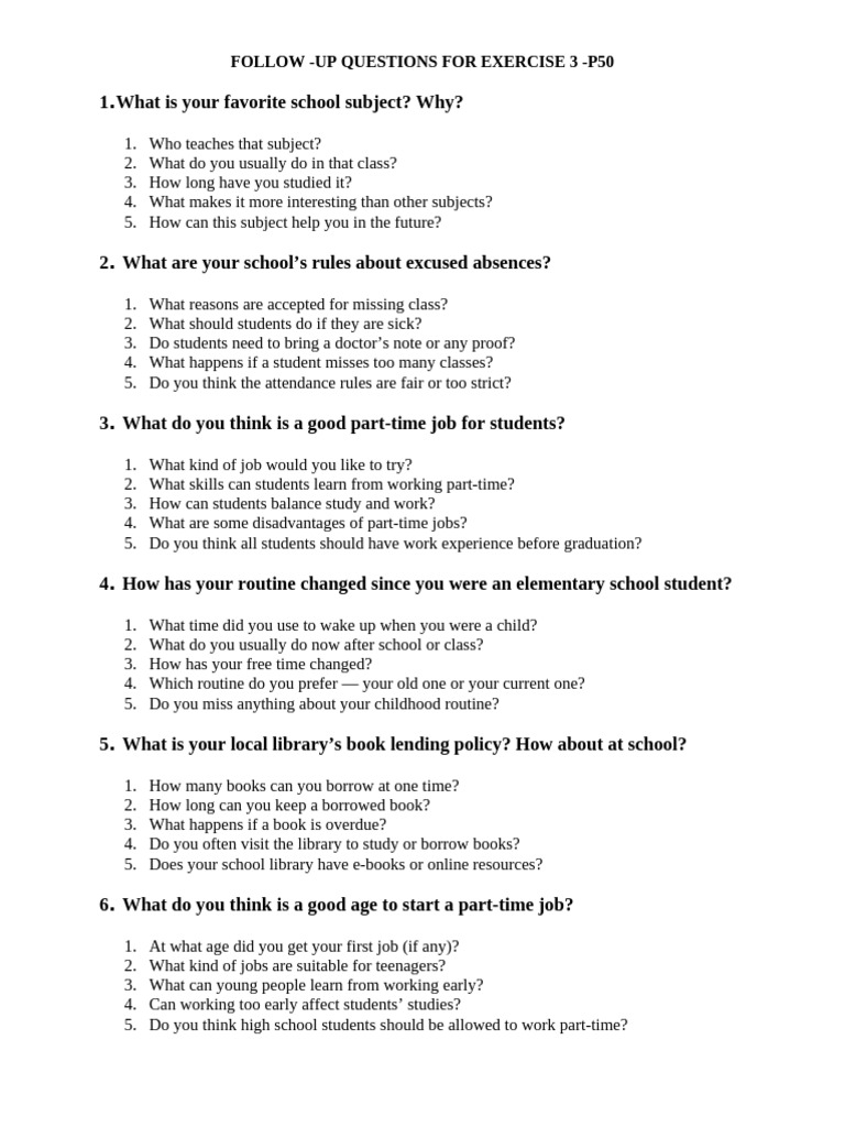 Practice Speaking - Exercise 3 - p50 - Follow-Up Questions | PDF | Salary