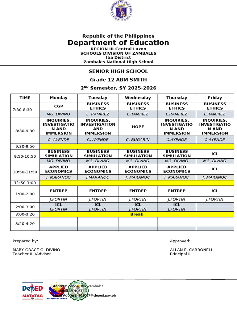 12 Abm Smith Class Schedule | PDF