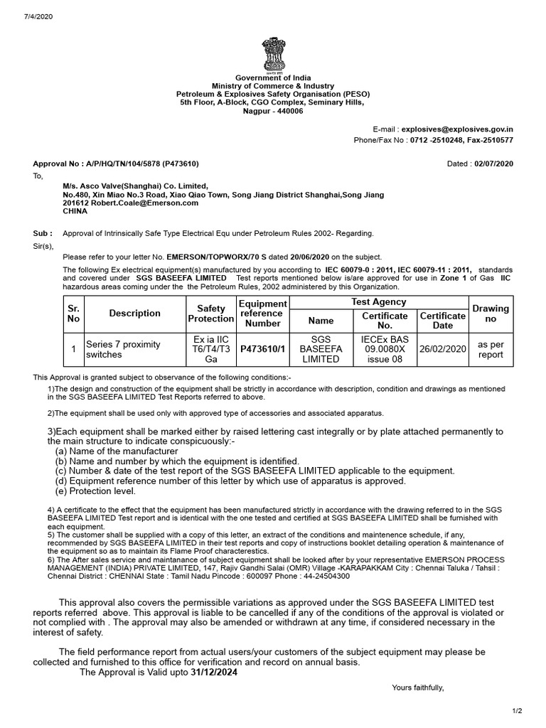 PESO Certificate SOV ASCO | PDF | Safety