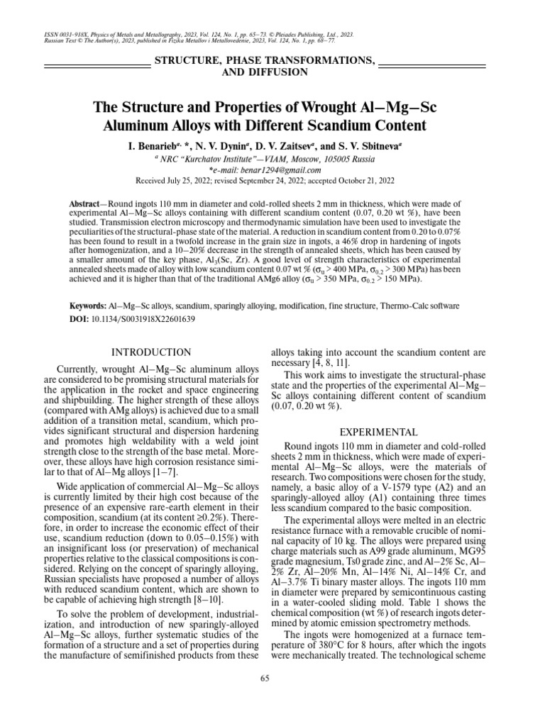 The Structure and Properties of Wrought Al MG SC Aluminum Alloys With ...