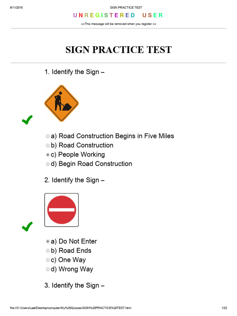 Sign Practice Test | PDF | Traffic | Intersection (Road)