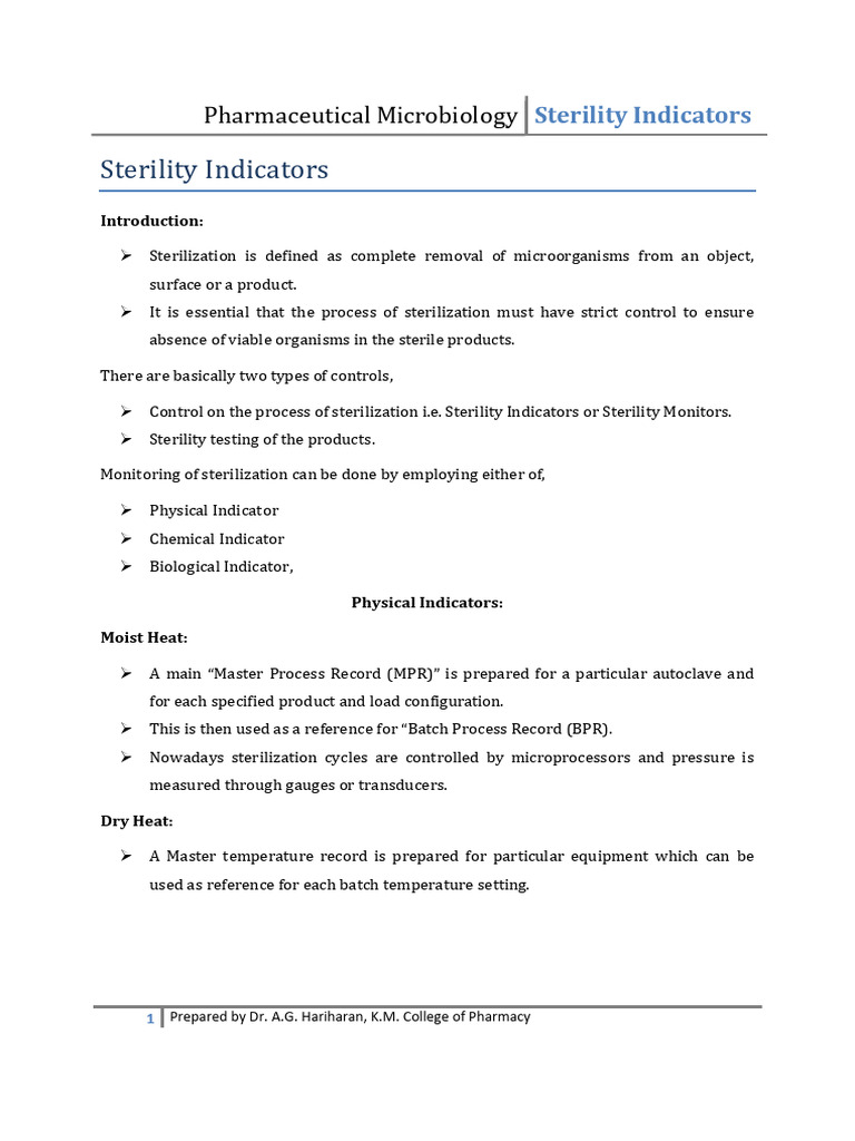 Sterility Indicators | PDF | Sterilization (Microbiology)