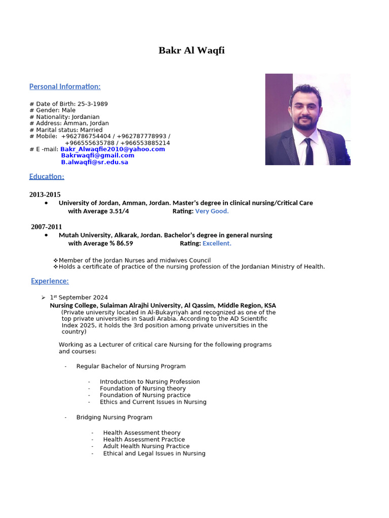 CV Bakr Alwaqfi Updated 2025 | PDF | Nursing | Cardiopulmonary Resuscitation