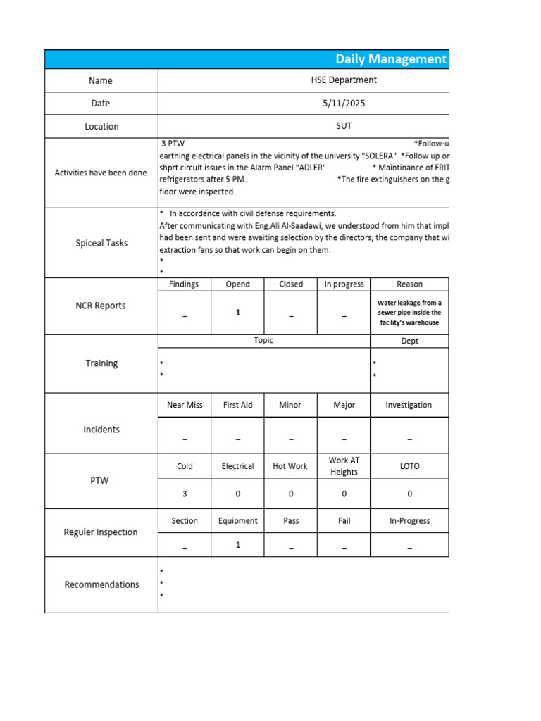 Templete of Daily Management Report 5NOV | PDF | Safety