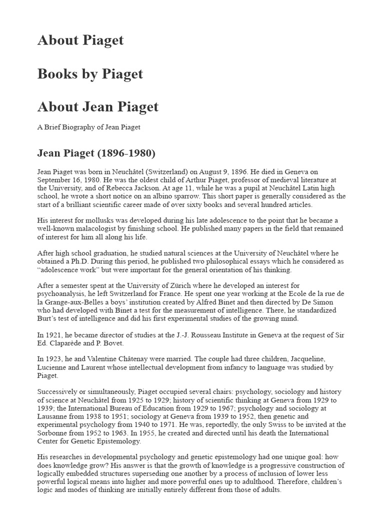 About Piaget Books by Piaget | PDF | Psychology | Behavioural Sciences