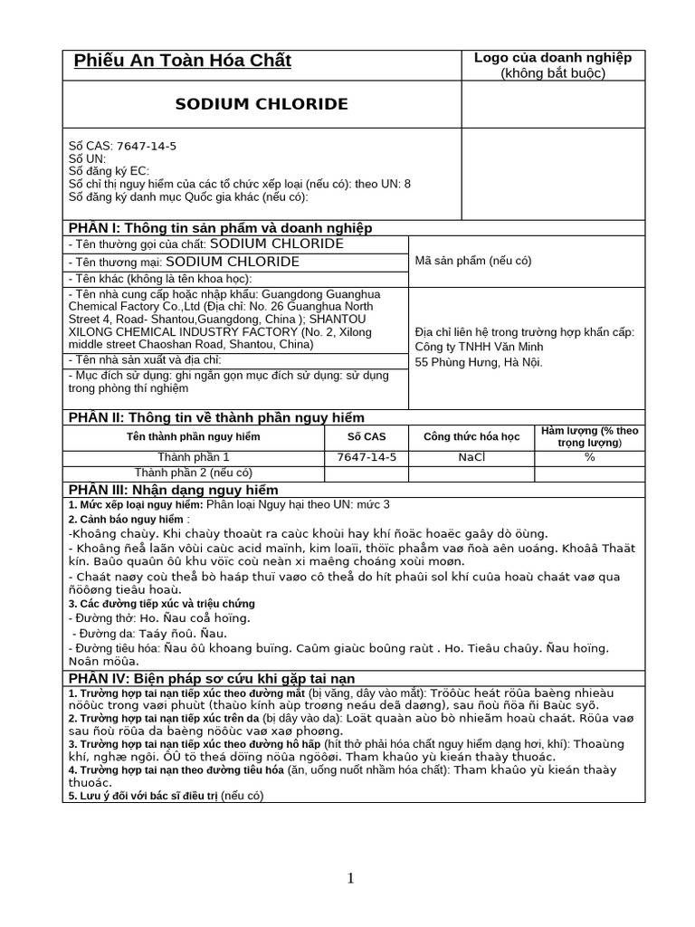 Sodium Chloride (1) Msds | PDF