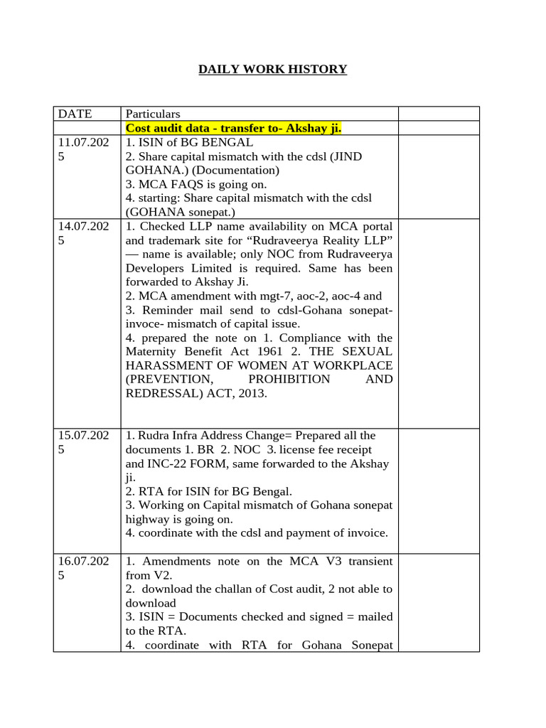 Daily Work History | PDF