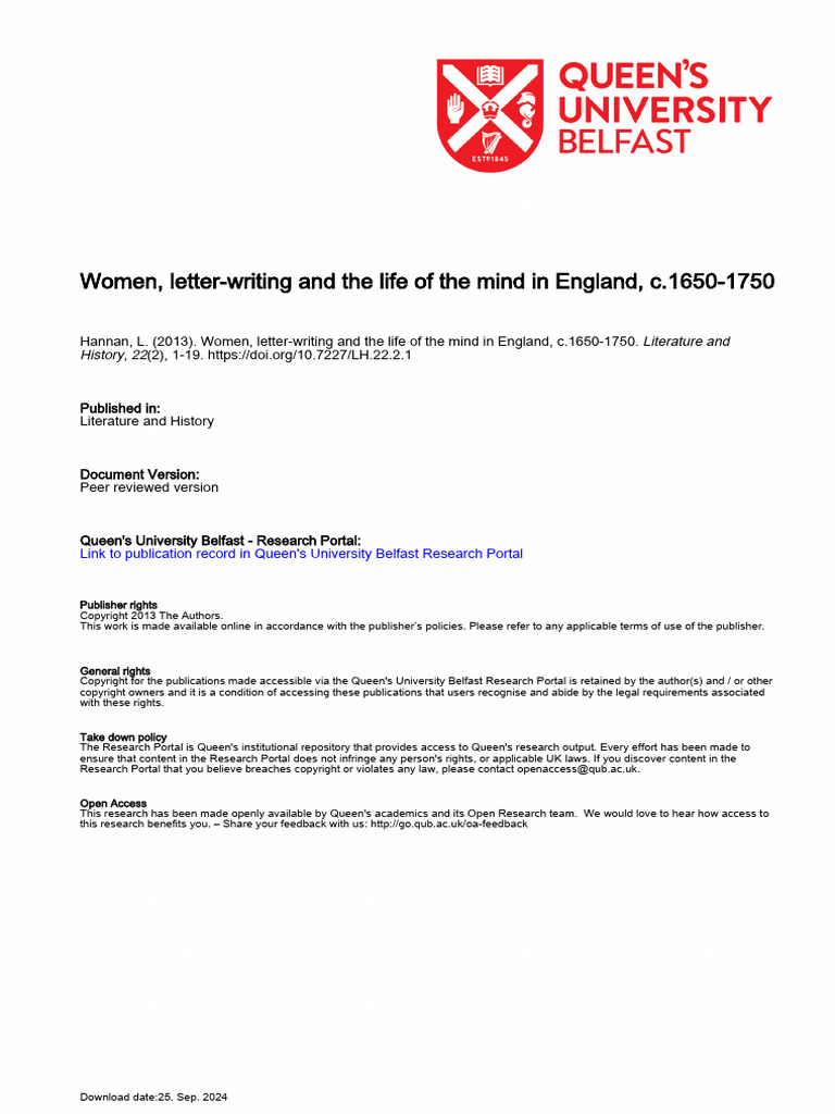 Women’s Letter-Writing in 17th-18th Century England | PDF | Thought | Mind