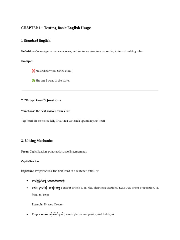 Basic English Usage Testing Guide | PDF | Pronoun | Grammatical Number
