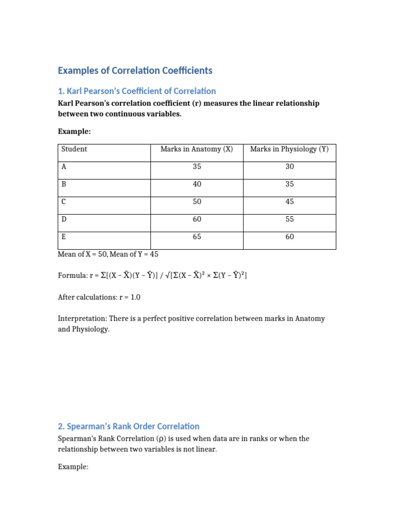 Pearson and Spearman Correlation Examples | PDF
