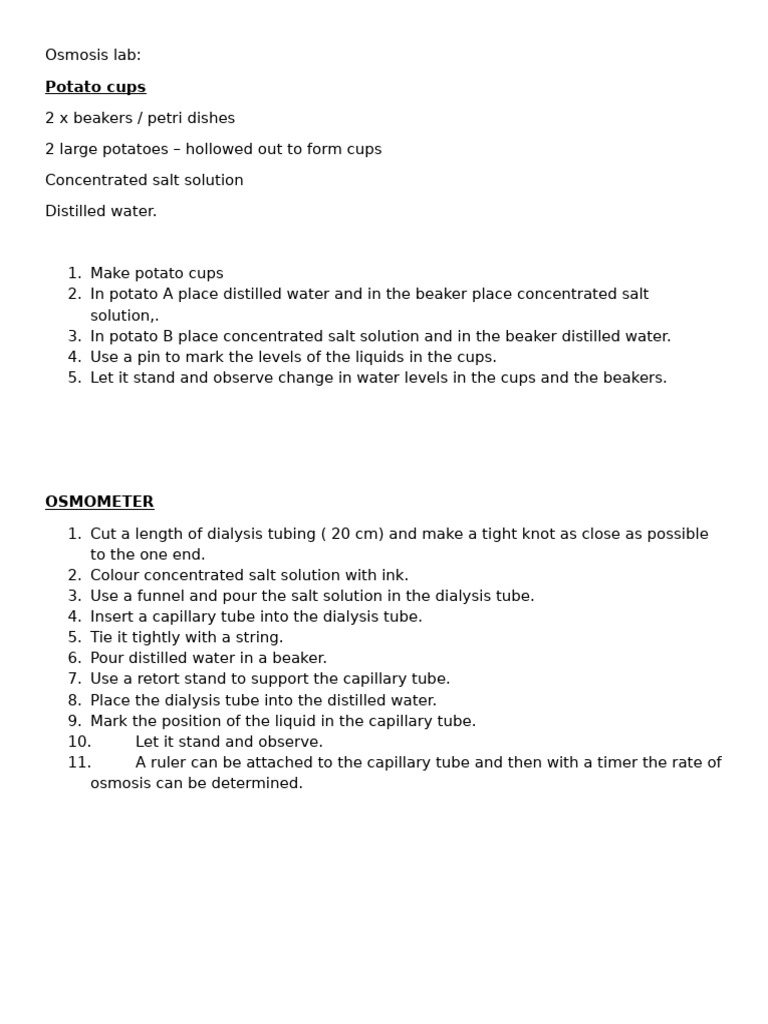 Osmometer and Potato Cup Instructions | PDF