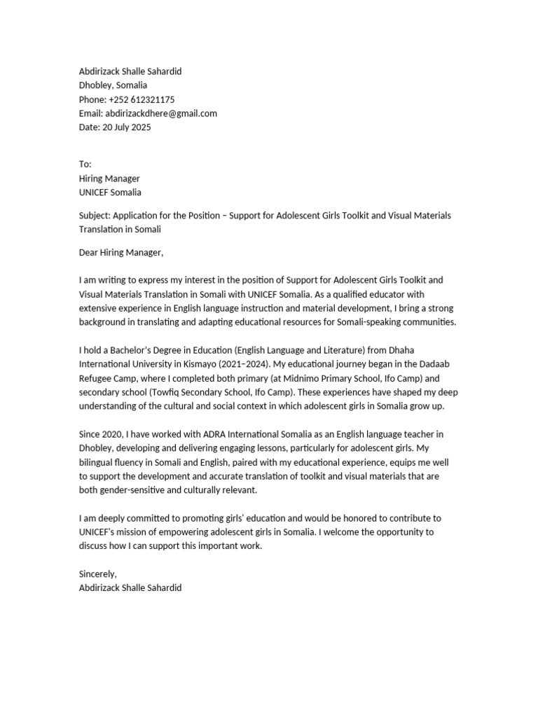 UNICEF Translation Position CV Cover Letter Abdirizack | PDF | Teachers ...