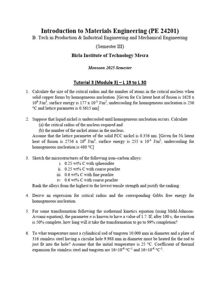 Tutorial 3 (Module 3) 30Oct2025 | PDF | Heat Treating | Diffusion