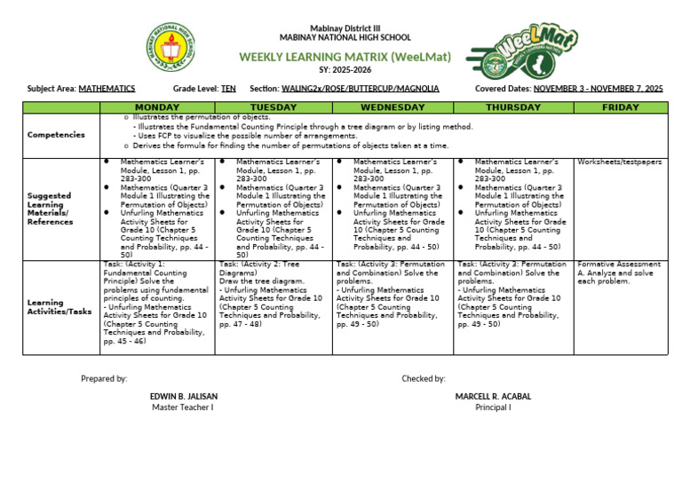 Weekly Learning Matrix: Grade 10 Math | PDF | Mathematics