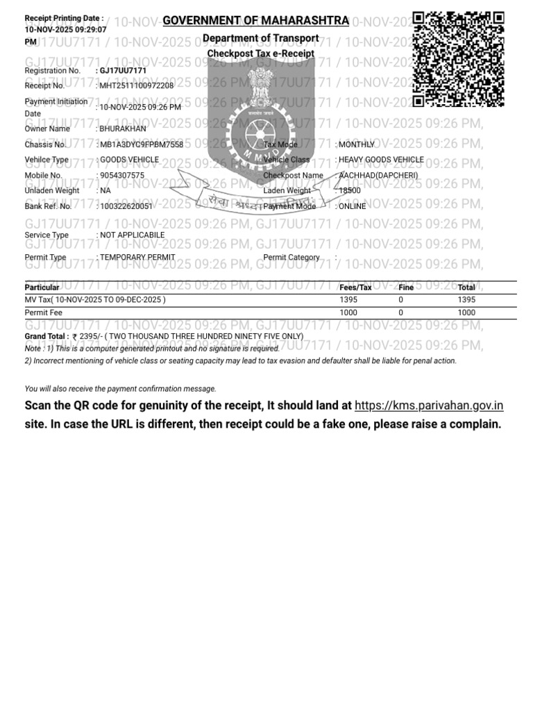 Maharashtra Checkpost Tax e-Receipt | PDF | Payments