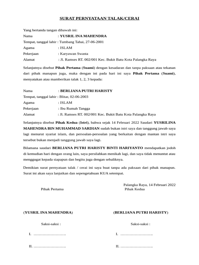 Surat Pernyataan Talak Yusril dan Berliana | PDF