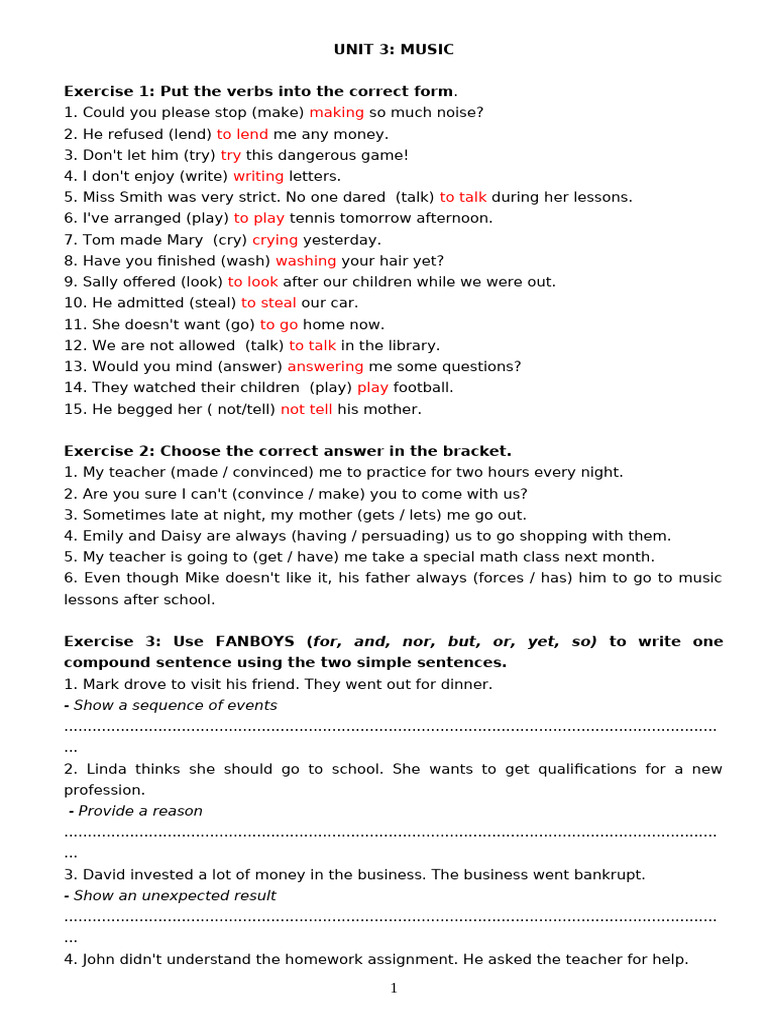 Music Exercises for Verb Forms and Sentences | PDF | Wolfgang Amadeus ...