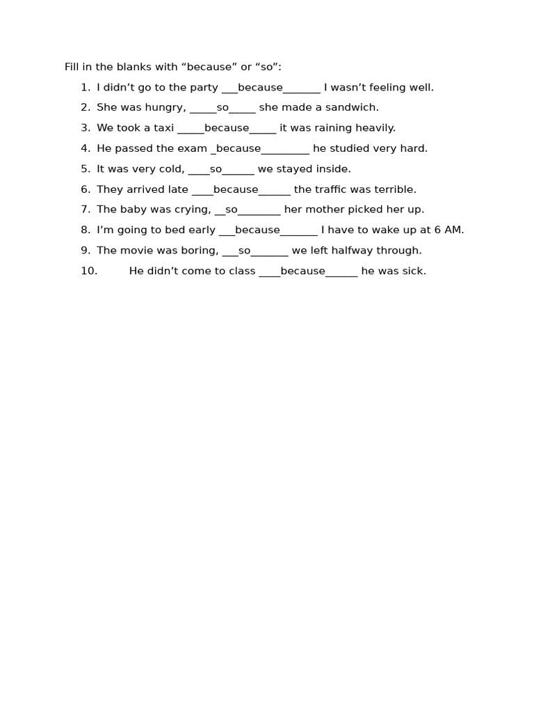 Worksheet Because So | PDF