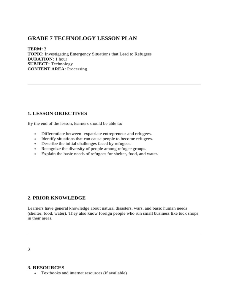 Grade 7 Term 1 Week 1 Lesson Plan | PDF | Refugee | Learning