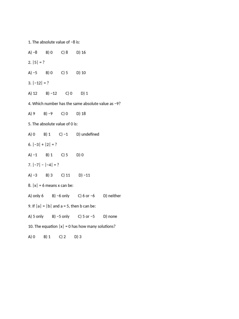 Absolute Value Math Quiz Questions | PDF